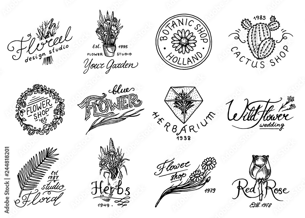 Flower shop emblems and logo. Vintage bouquet. Gardening signs and ...