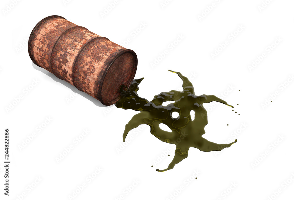 Oil is poured from a rusty barrel as a symbol of biohazard (biological ...