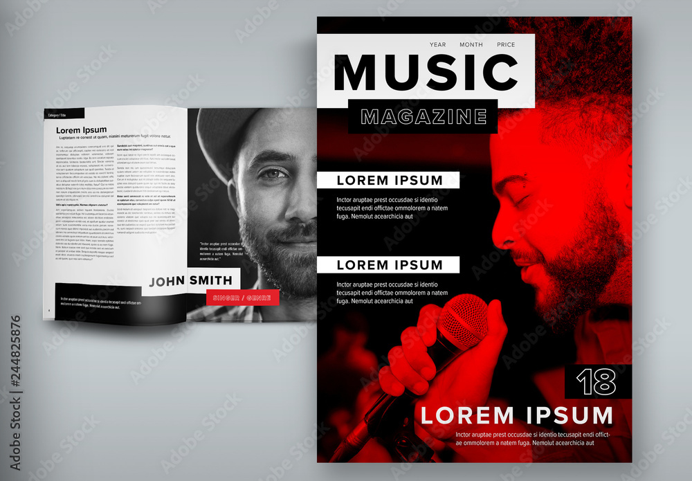Music Magazine Layout with Red Accents Stock Template | Adobe Stock