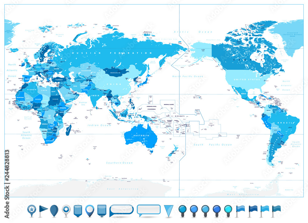 Pacific Centered World Map In Colors of Blue and glossy map icons Stock ...