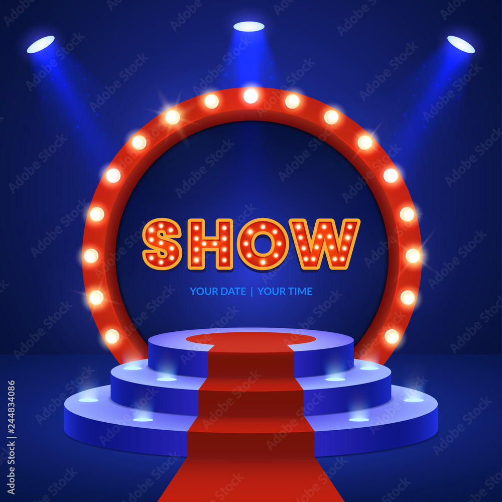 Show invitation concept. Stage podium with ceremonial red carpet and ...