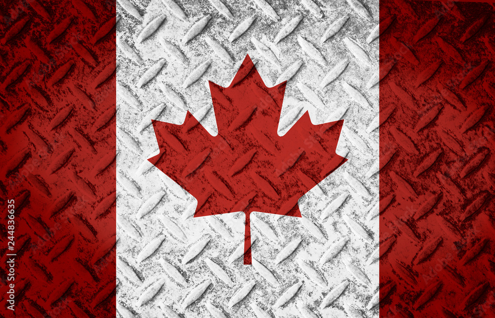 Canada flag layered over steel diamond metal plate. Worn diamond plate ...