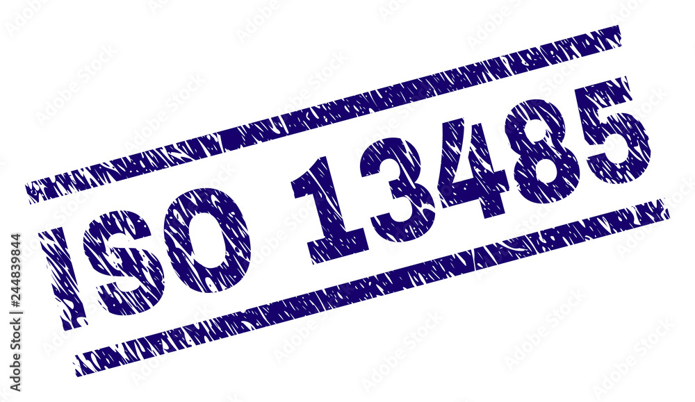 ISO 13485 seal print with scratced style. Blue vector rubber print of ...