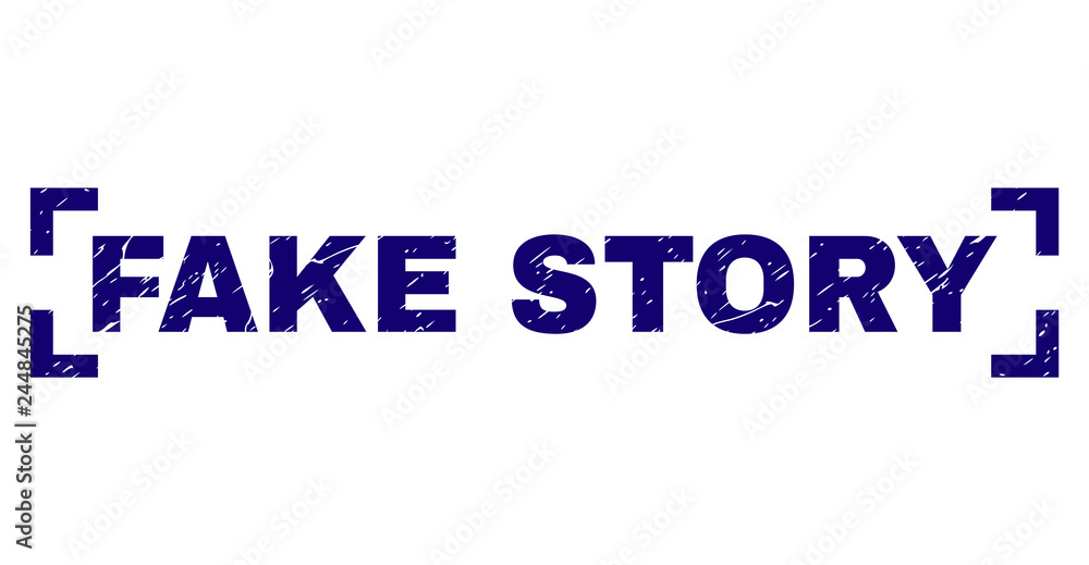 FAKE STORY text seal print with corroded texture. Text caption is ...