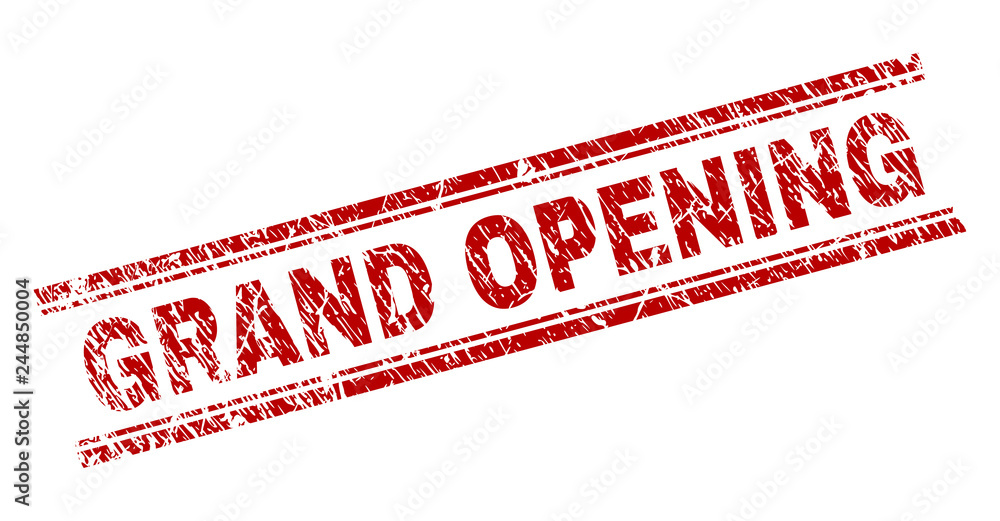 GRAND OPENING seal imprint with distress texture. Red vector rubber ...
