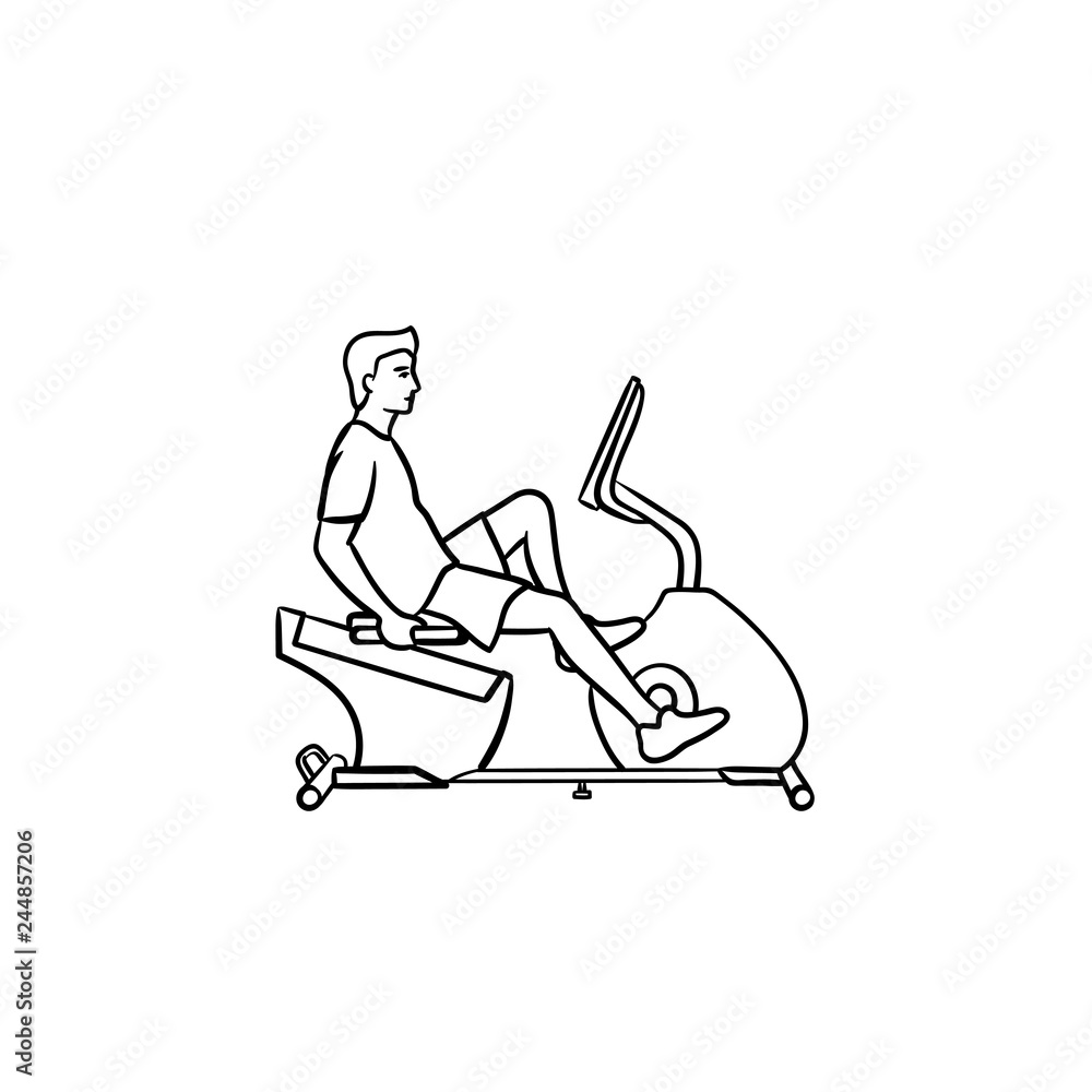 Man training on exercise bike hand drawn outline doodle icon. Fitness ...