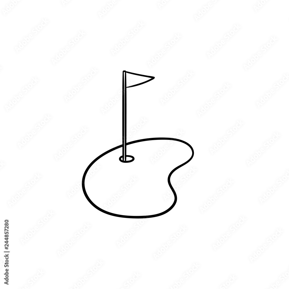Golf hole and flag hand drawn outline doodle icon. Recreation, holidays ...