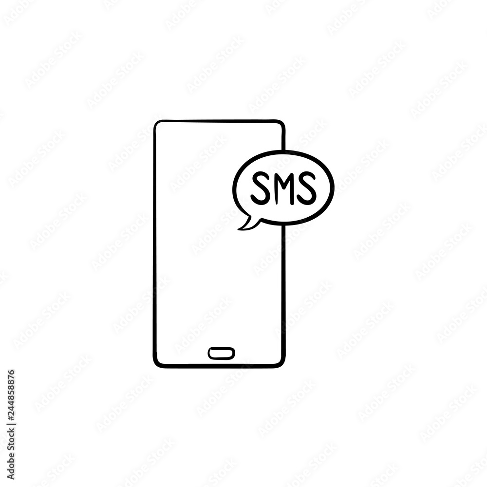 Mobile phone with sms bubble hand drawn outline doodle icon. Sms chat ...