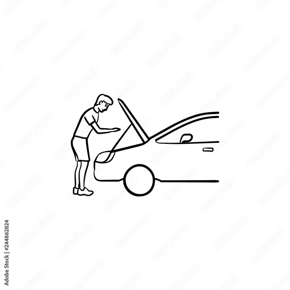 Man under the hood of car hand drawn outline doodle icon. Car repairs ...
