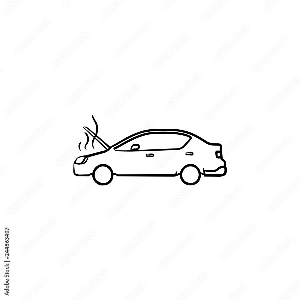 Broken car with open hood and steam hand drawn outline doodle icon ...