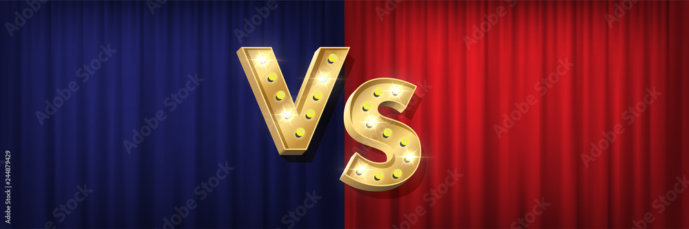Versus screen design. Vector golden VS letters with shiny bulbs on red ...