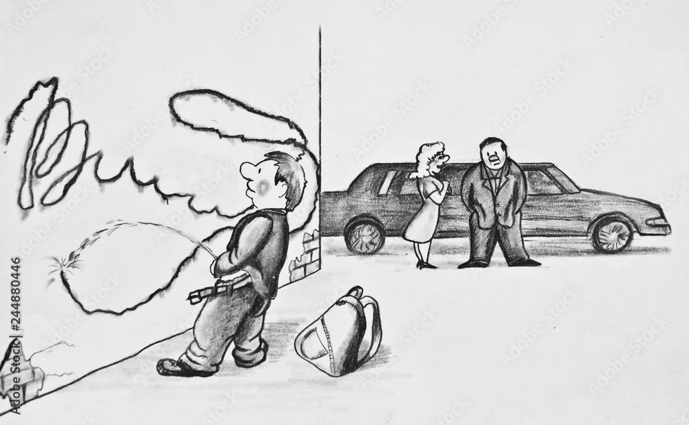 The concept of bad parenting. Bad boy pees on the wall. Pencil drawing ...