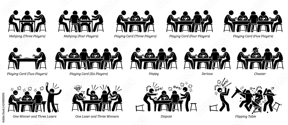 People playing game card, poker card, and mahjong on the table ...