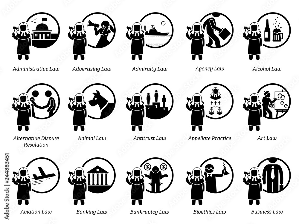 Different type of laws. Icons depict field and area of laws, justice ...