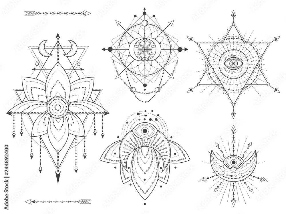 Vector set of Sacred geometric and natural symbols on white background ...