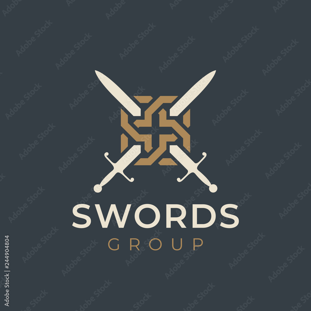 Poster Crossed swords logo icon. Sword crests. Vector heraldry design ...