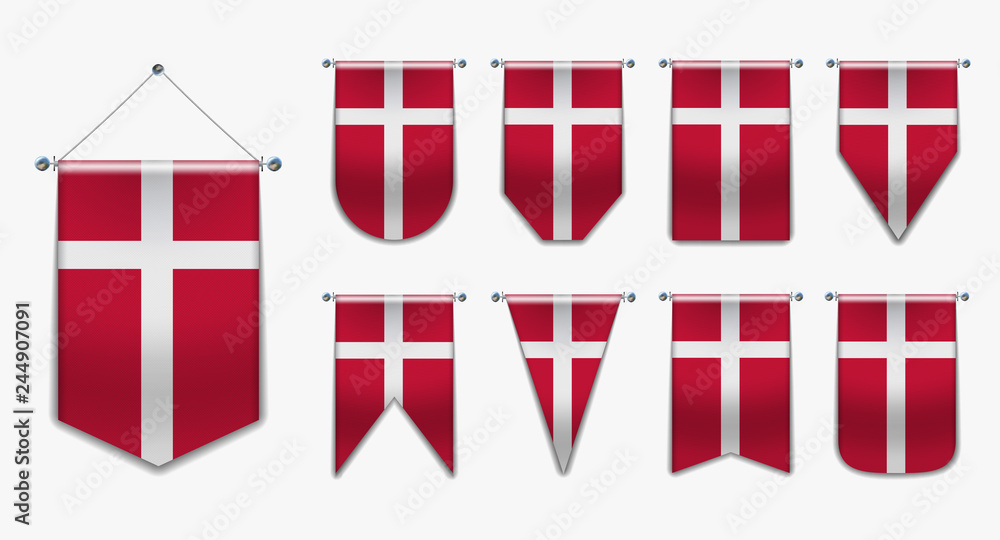 Set of hanging flags of the DENMARK with textile texture. Diversity ...