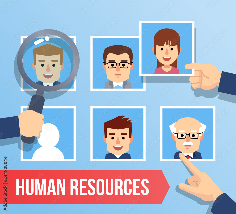 Human resources management, recruitment concept. Hand points to ...