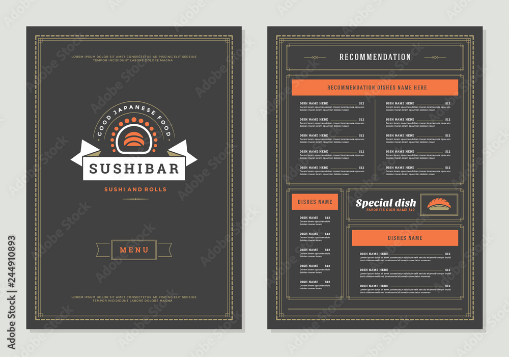 Sushi restaurant menu design and logo vector brochure template. Stock ...