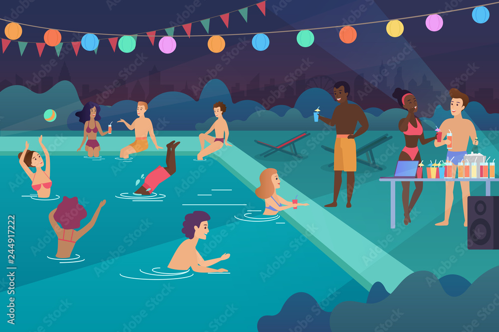 Happy young people having a pool party at night cartoon vector ...