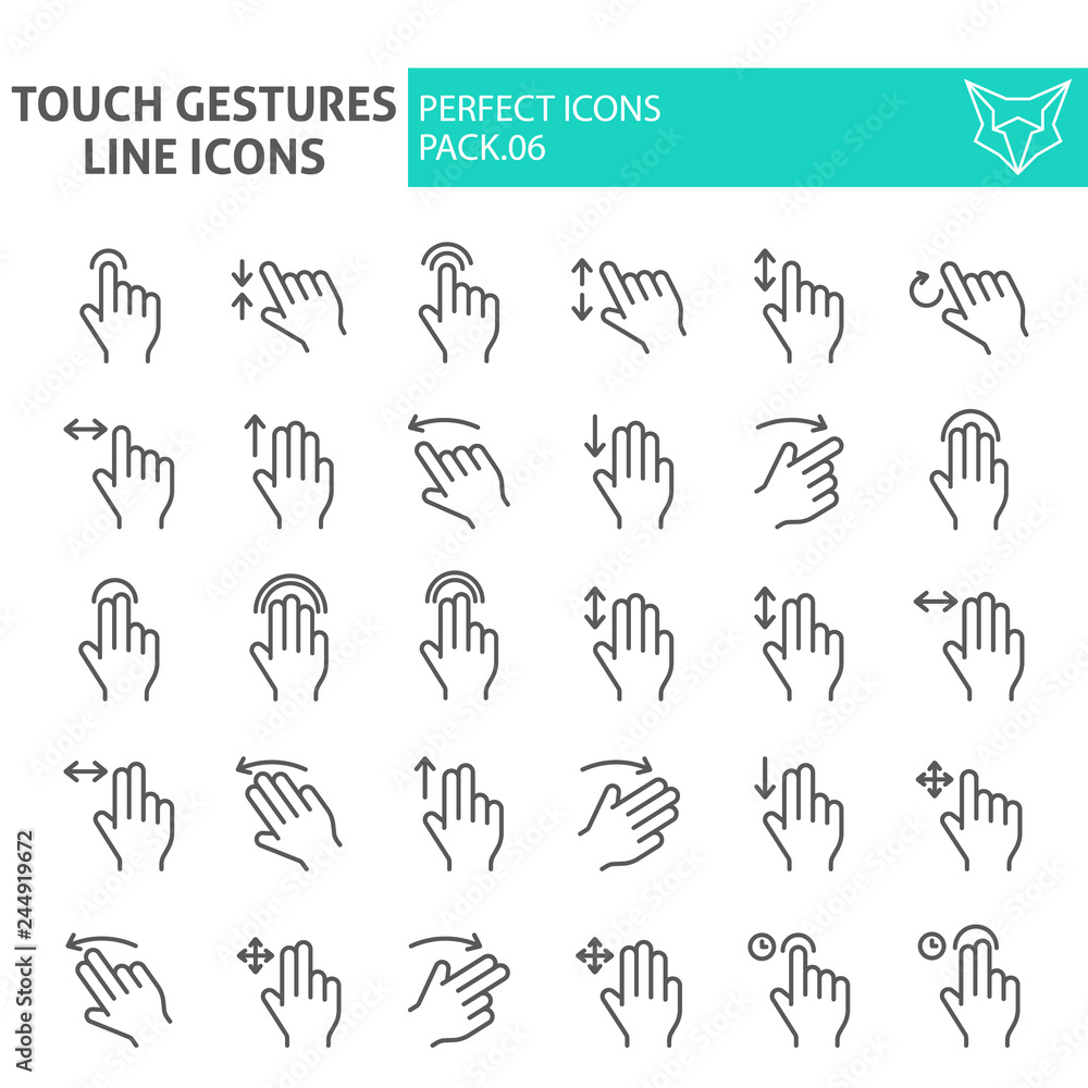Touch gestures thin line icon set, click symbols collection, vector ...