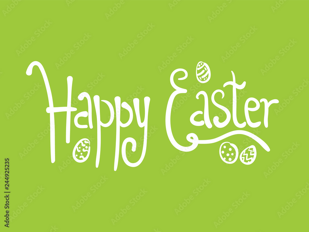 White doodle handwritten Happy Easter text with eggs on green grass ...