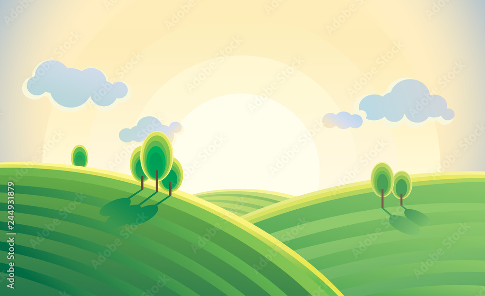 Morning landscape with hills, sunrise over hills in cartoon style ...