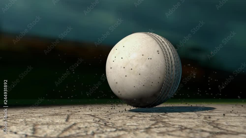 A ramped ultra motion close up of a white leather stitched cricket ball ...