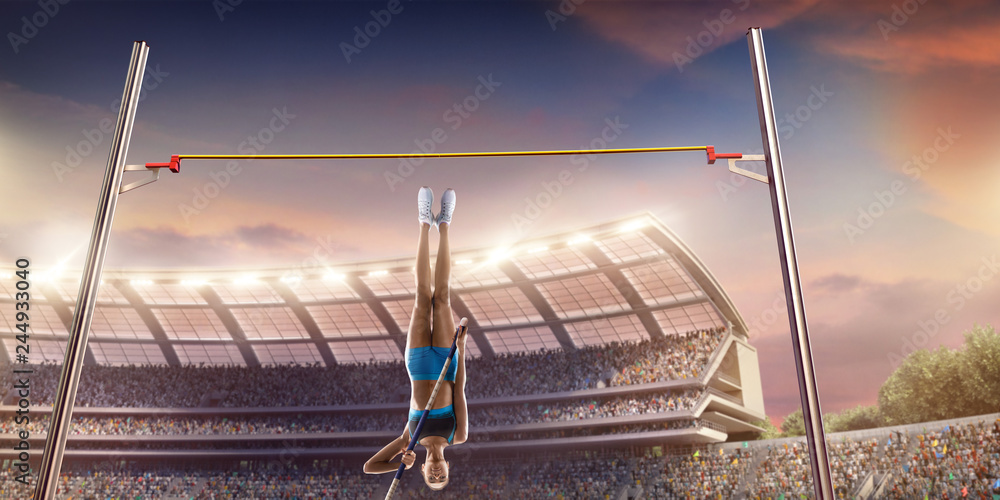 Young female pole vault athlete with pole bar. Women in sport clothes ...
