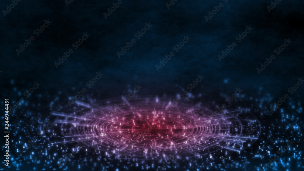 3D Rendering of abstract binary data background with depth of field (DOF) blur and sci fi hud ...