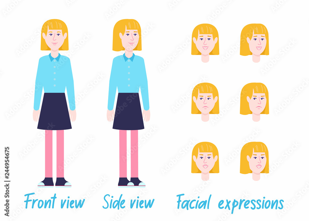 Young female character set ready for animation: separated arms/legs ...