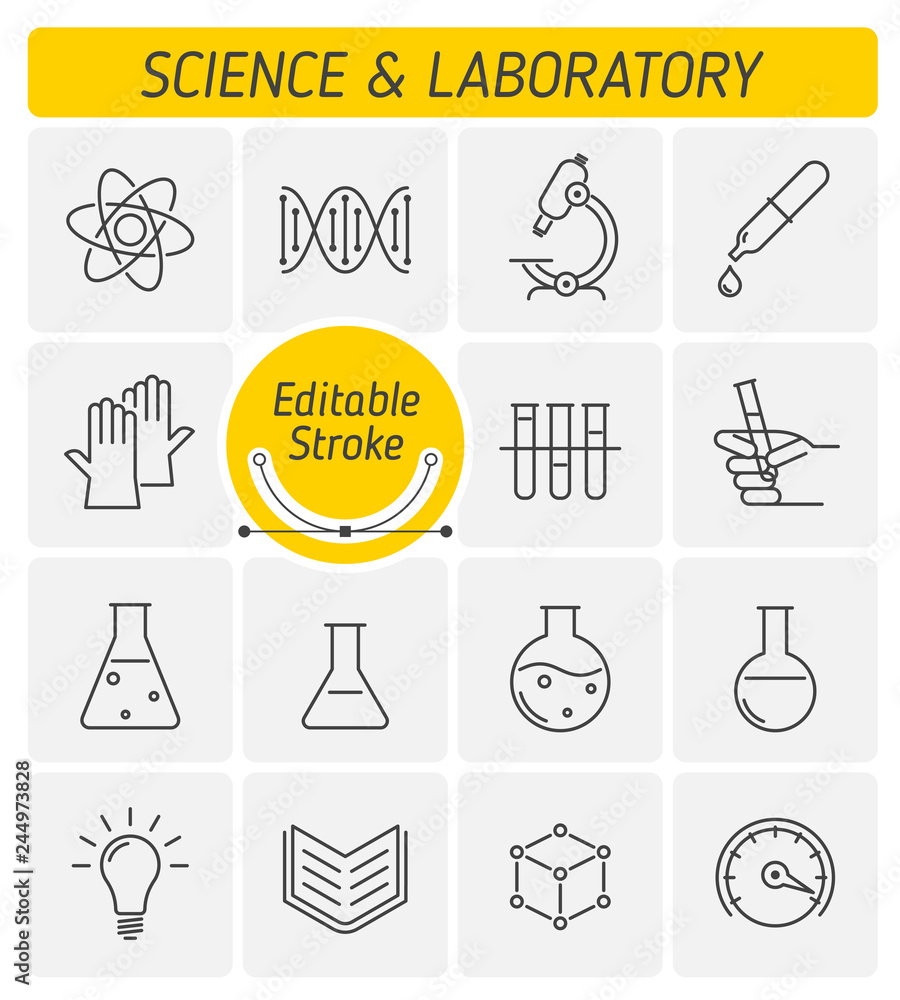 The science and laboratory outline icon set. The scientific research ...