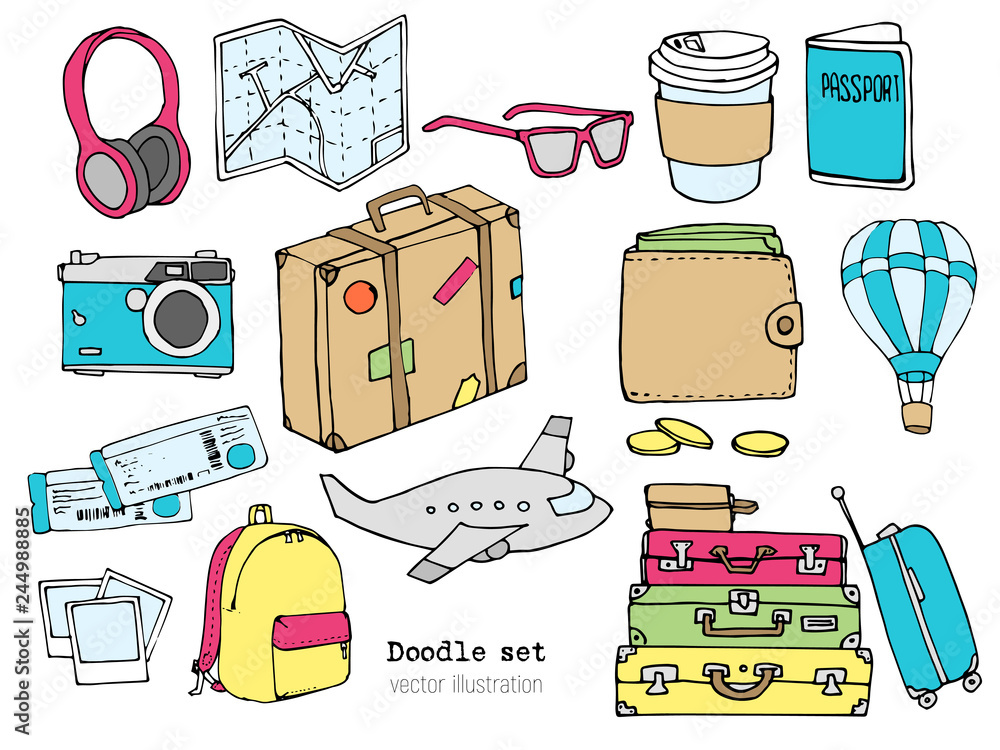 Set of hand drawn travel doodle. Vacation or Time to Travel concept ...
