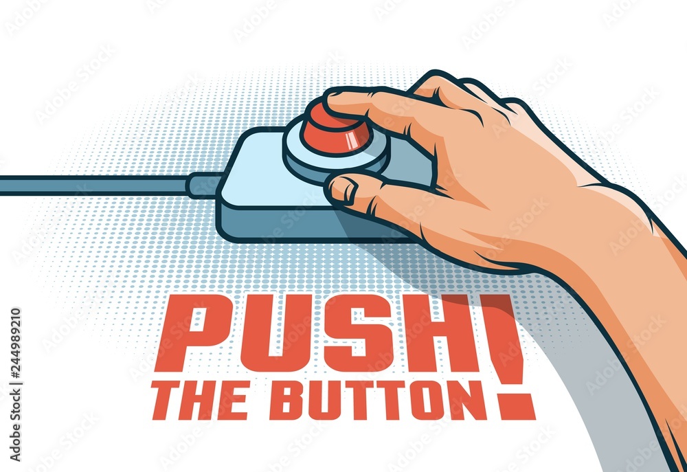 Hand push the red button with finger - retro pop art illustration in ...