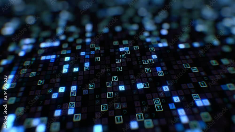 Moving at the Screen Display with Blue Symbols of Digital Code Abstract ...