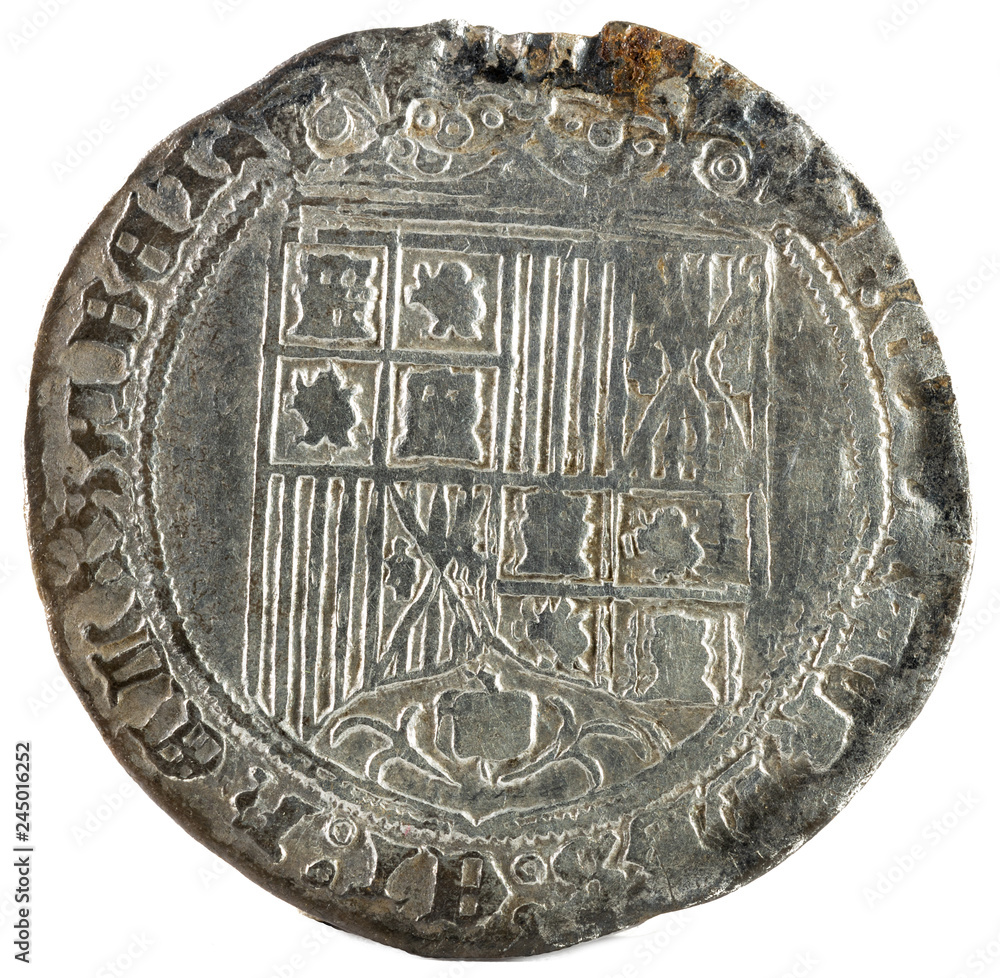 Ancient Spanish silver coin of the Kings Fernando e Isabel. Catholic ...