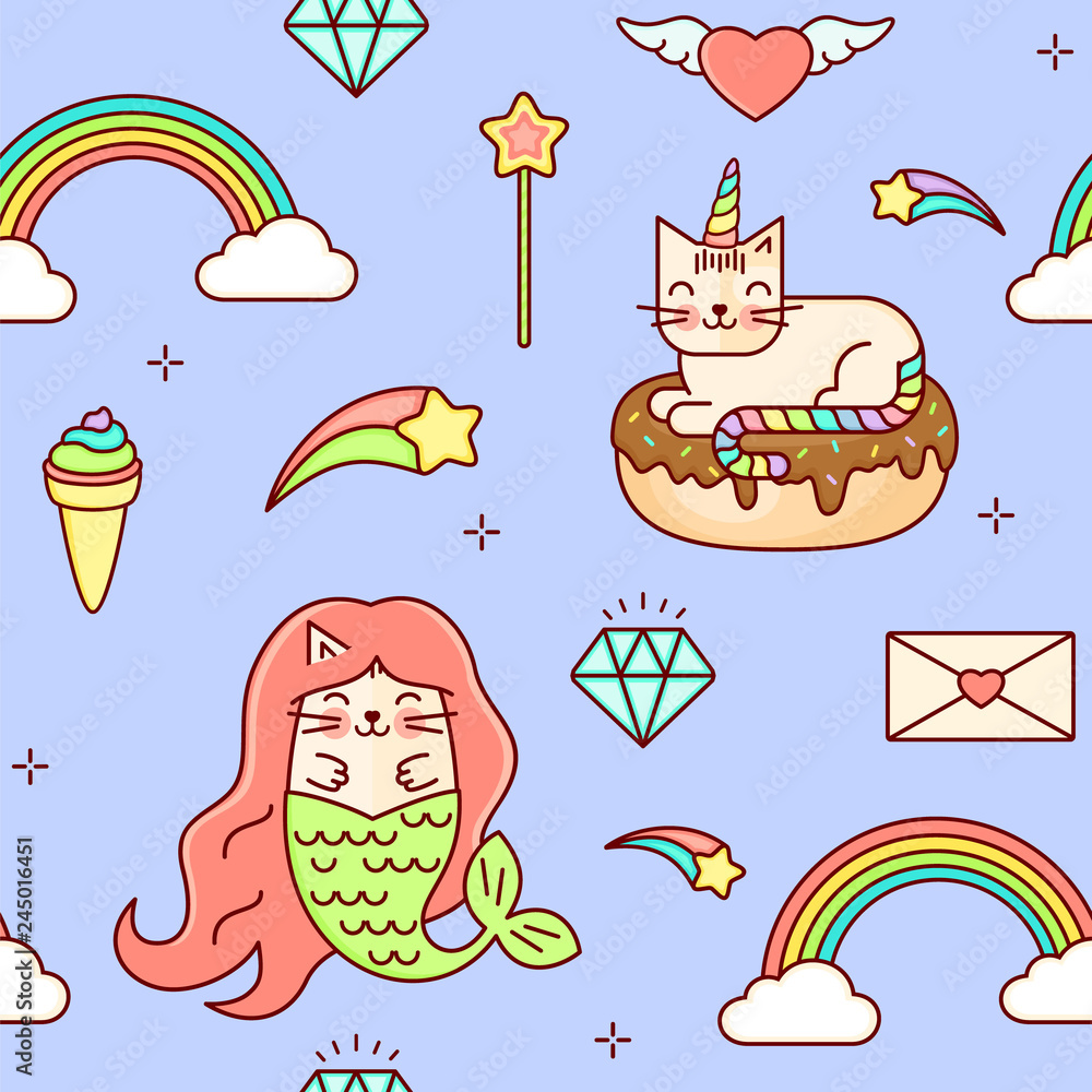 Vector kawaii seamless magic baby background with unicorn, mermaid ...