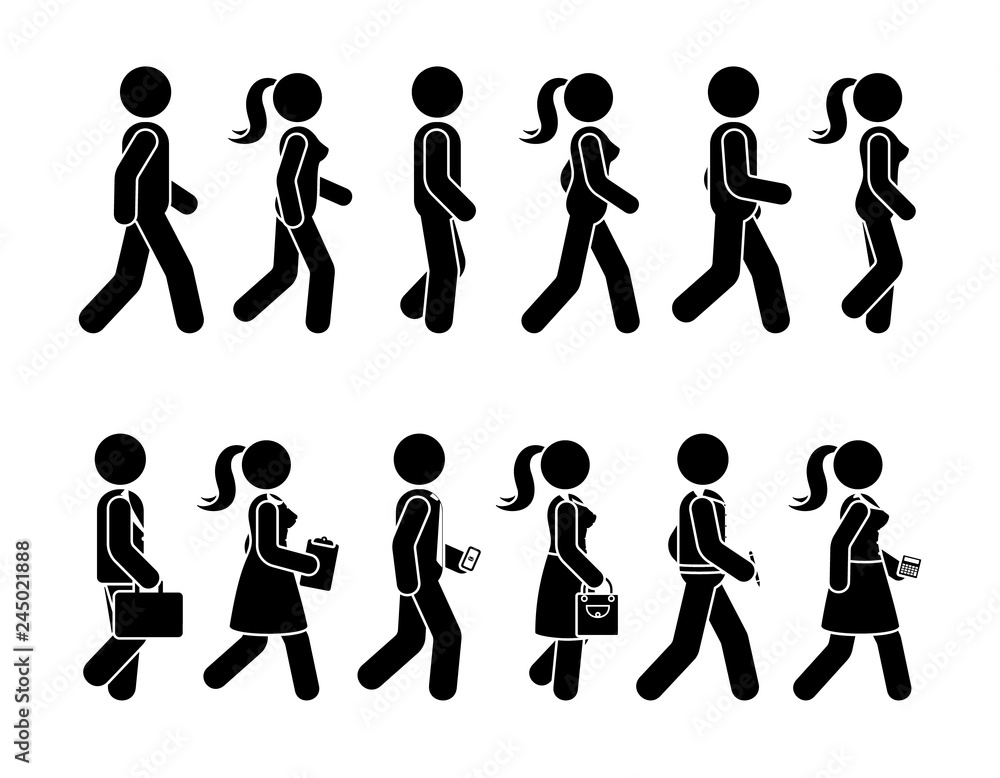 Stick figure walking man and woman vector icon pictogram. Group of ...