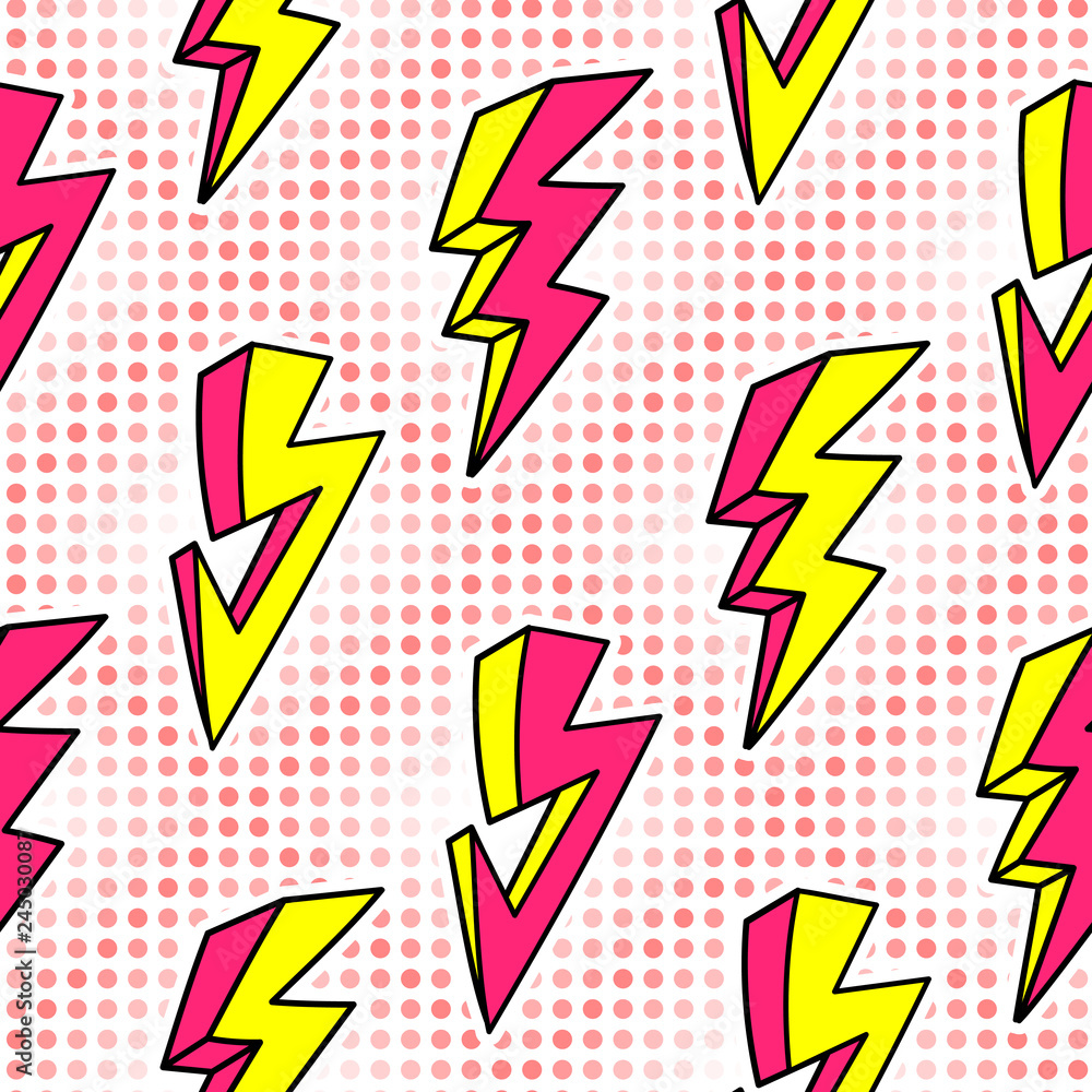 Lightning strikes seamless pattern in retro cartoon 80s style. Thunder ...