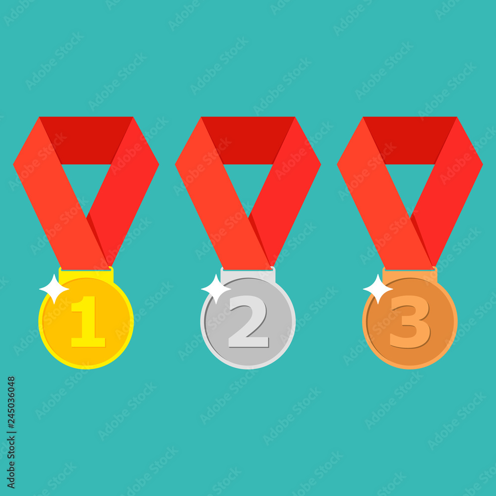 Gold, silver, bronze medal with red ribbon. 1st, 2nd and 3rd places ...
