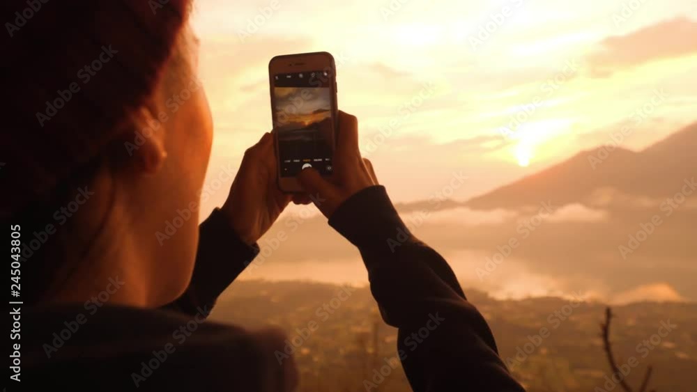 Young Mixed Race Tourist Hipster Girl Taking Photos of Amazing Sunrise ...
