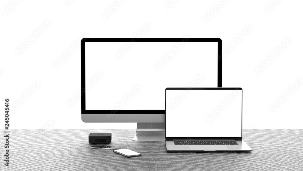 Laptop and tv display, isolated on a white background. Template, mockup ...