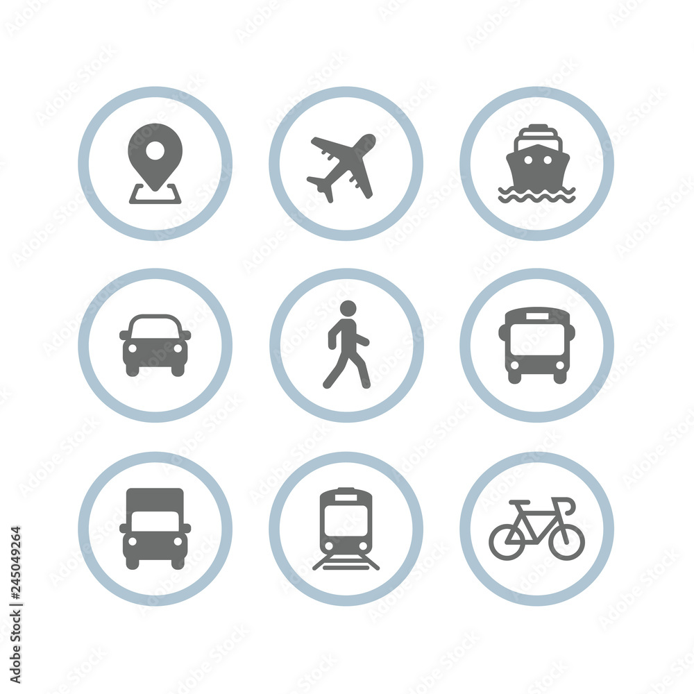 Transport icons. Airplane, Public bus, Train, Ship/Ferry, Car, walk man ...