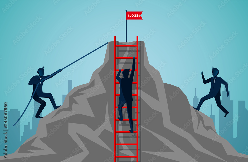 three businessmen are competing to climbing up the mountain with ropes ...