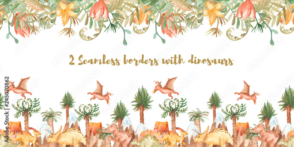 Watercolor seamless border, frame with dinosaurs and plants. Texture ...