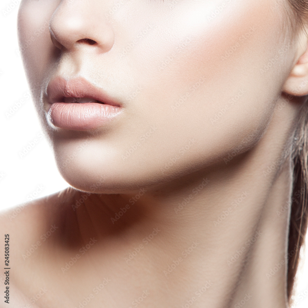 Lips, part of face and neck of young model grl with perfect skin ...