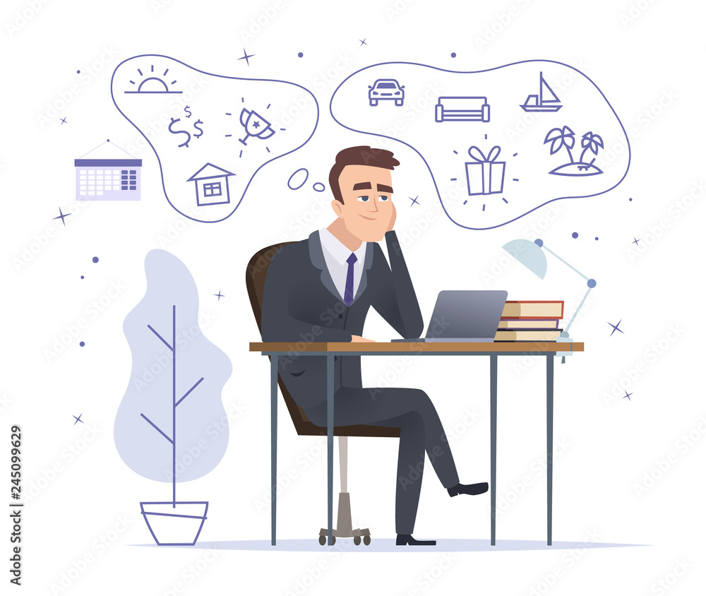 Businessman dreaming. Successful office manager sitting and thinking ...