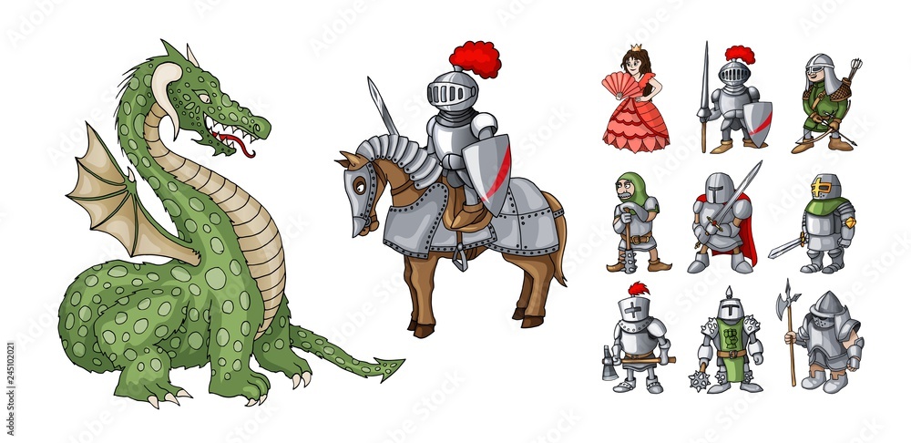 Fairy tales cartoon characters. Fantasy knight and dragon, princess and ...