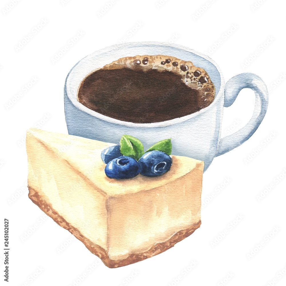 Hand drawn watercolor cheesecake with blueberries and cup of black ...