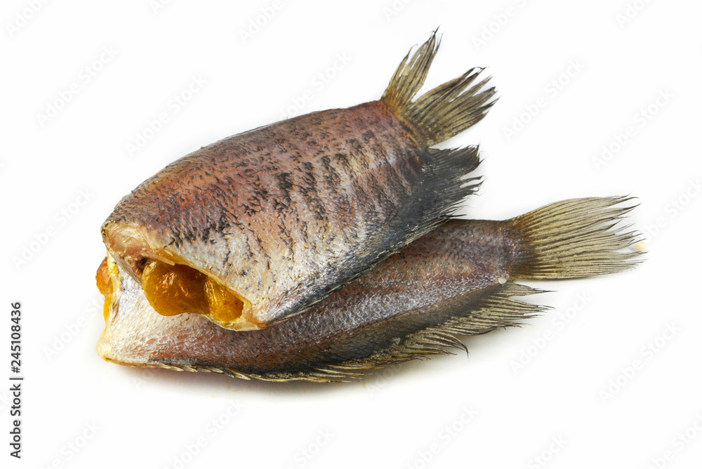 Sun dried fish / trichogaster pectoralis fish dry with spawn isolated ...